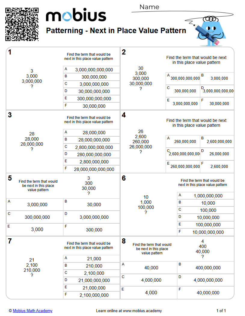 Patterning - Next in Place Value Pattern (Level 2) - Mobius Math Academy