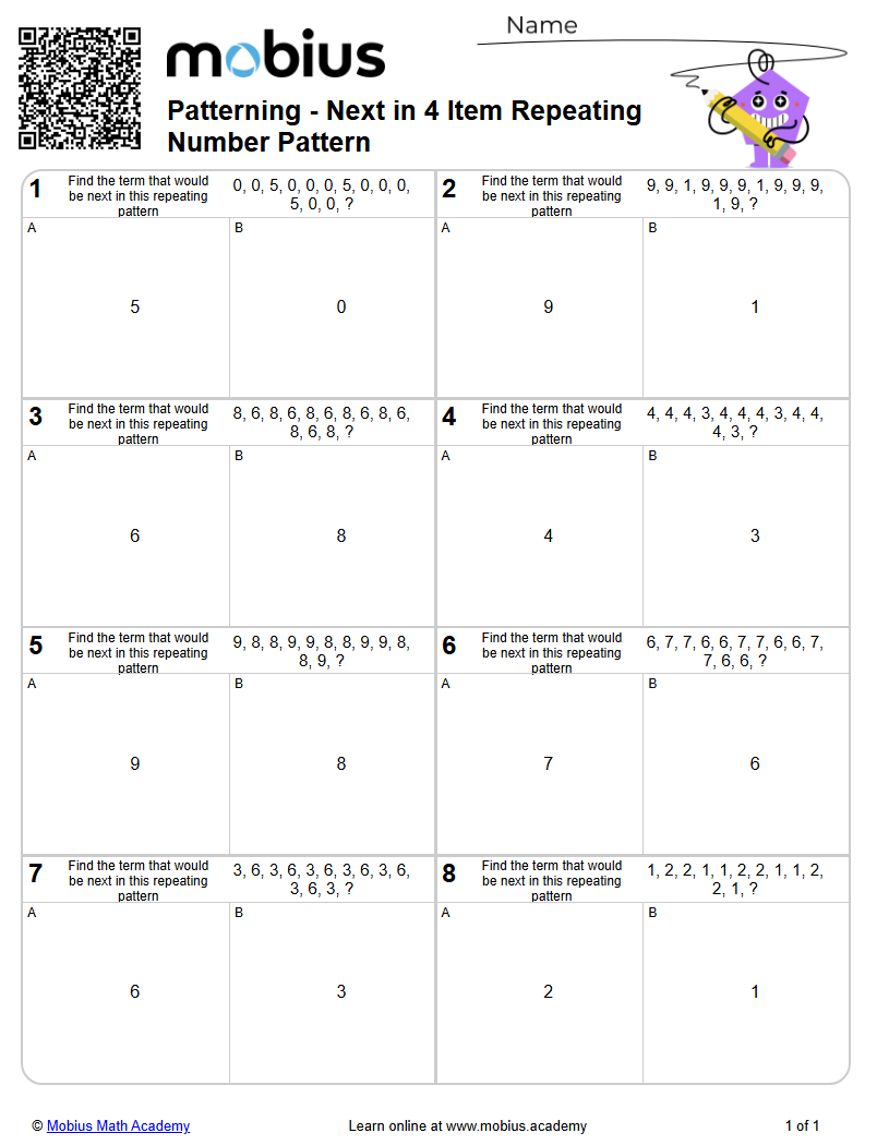 Patterning - Next in 4 Item Repeating Number Pattern (Level 1) - Mobius ...