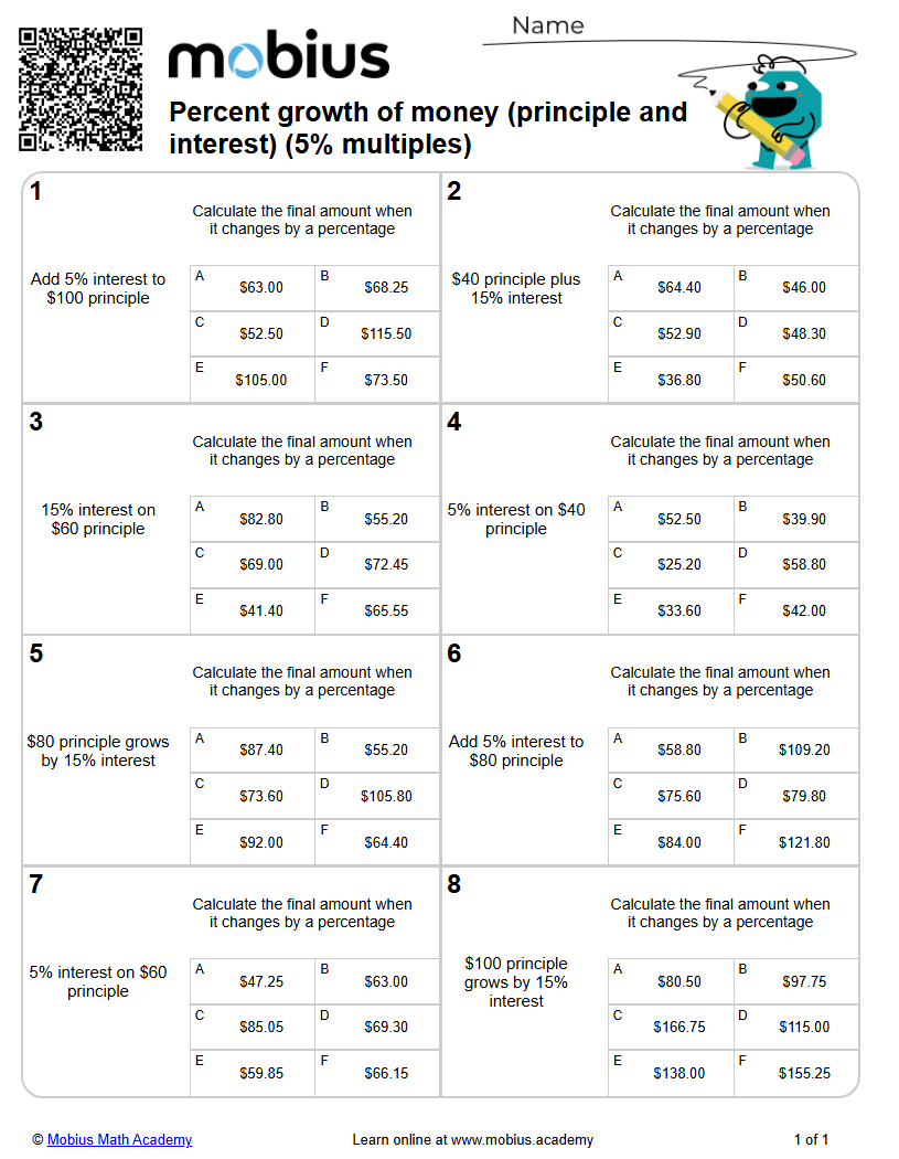 Percent growth of money (principle and interest) (5% multiples) (Level ...