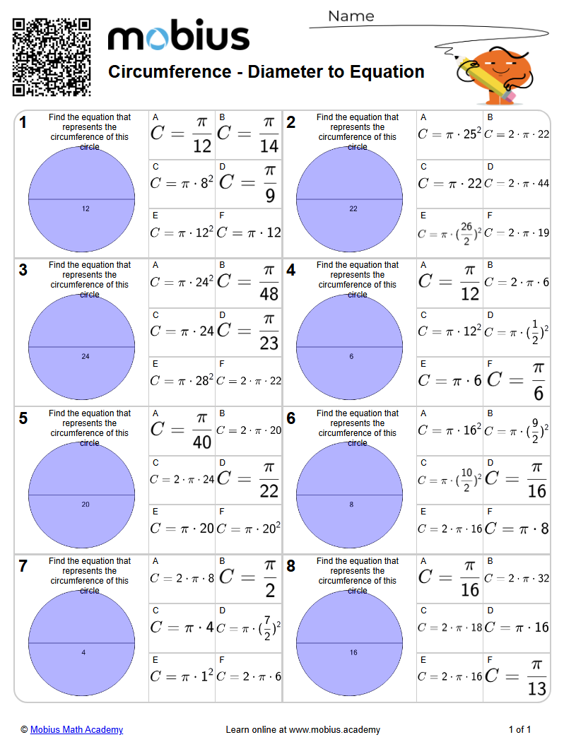 Circumference - Diameter to Equation (Level 1) - Mobius Math Academy
