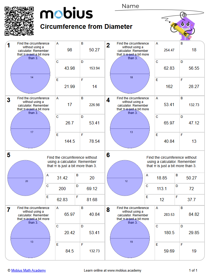 Circumference from Diameter | Level 2 | Grades 7-8 Math Worksheets ...