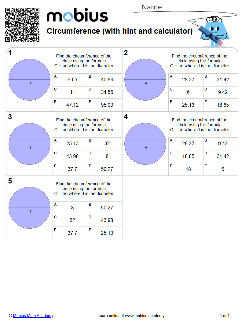 Circumference (with hint and calculator) (Level 1) - Mobius Math Academy