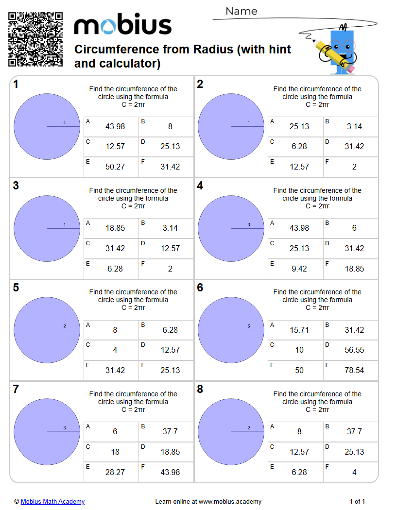 Circumference from Radius (with hint and calculator) (Level 1) - Mobius ...