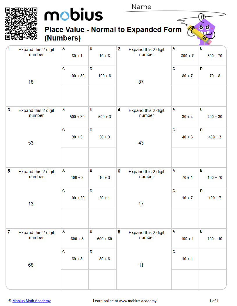 Place Value - Normal to Expanded Form (Numbers) (Level 1) - Mobius Math ...