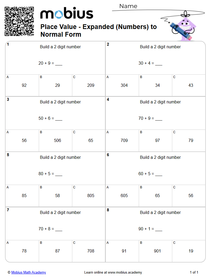 Place Value - Expanded (Numbers) to Normal Form (Level 1) - Mobius Math ...