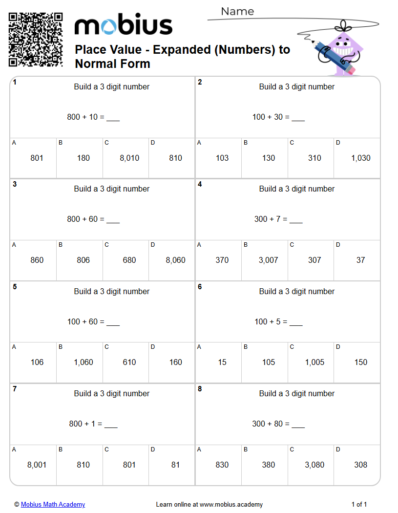 Place Value - Expanded (Numbers) to Normal Form (Level 2) - Mobius Math ...
