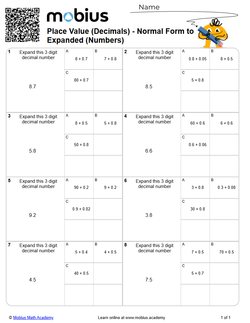 Place Value (Decimals) - Normal Form to Expanded (Numbers) | Level 1 ...