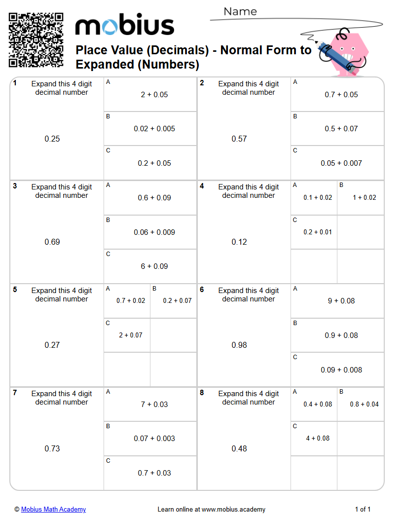 Place Value (Decimals) - Normal Form to Expanded (Numbers) (Level 2 ...