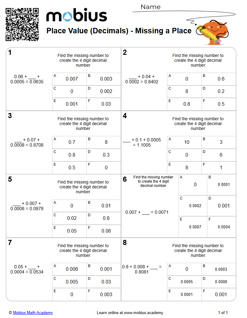 Place Value (Decimals) - Missing a Place (Level 4) - Mobius Math Academy