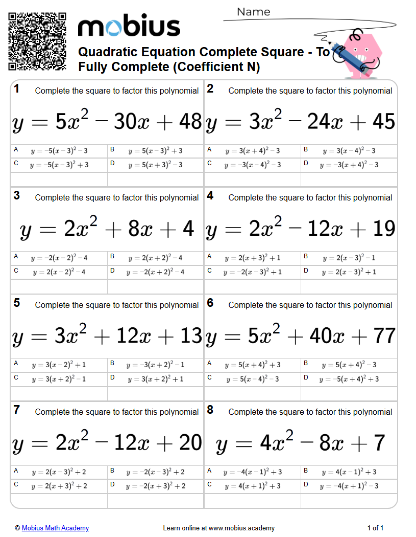 Level 1 | Algebra | Grades 10-11 Math Worksheets - Mobius Math Academy