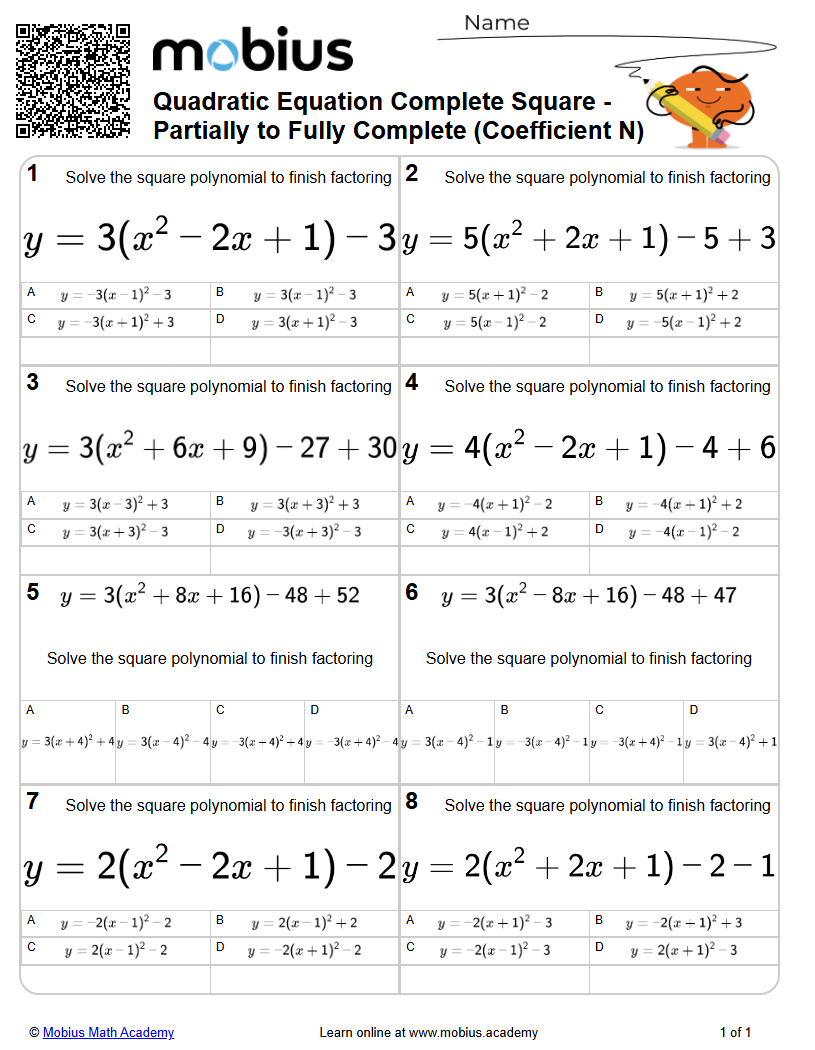 Level 1 | Algebra | Grades 10-11 Math Worksheets - Mobius Math Academy