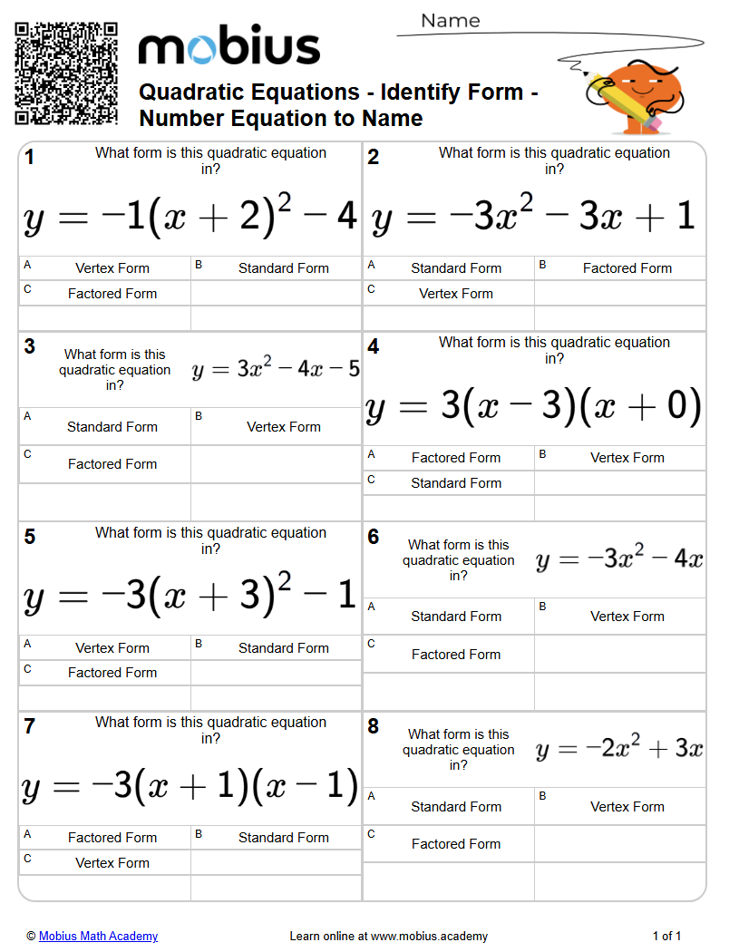 Quadratic Equations - Identify Form - Number Equation to Name (Level 1 ...