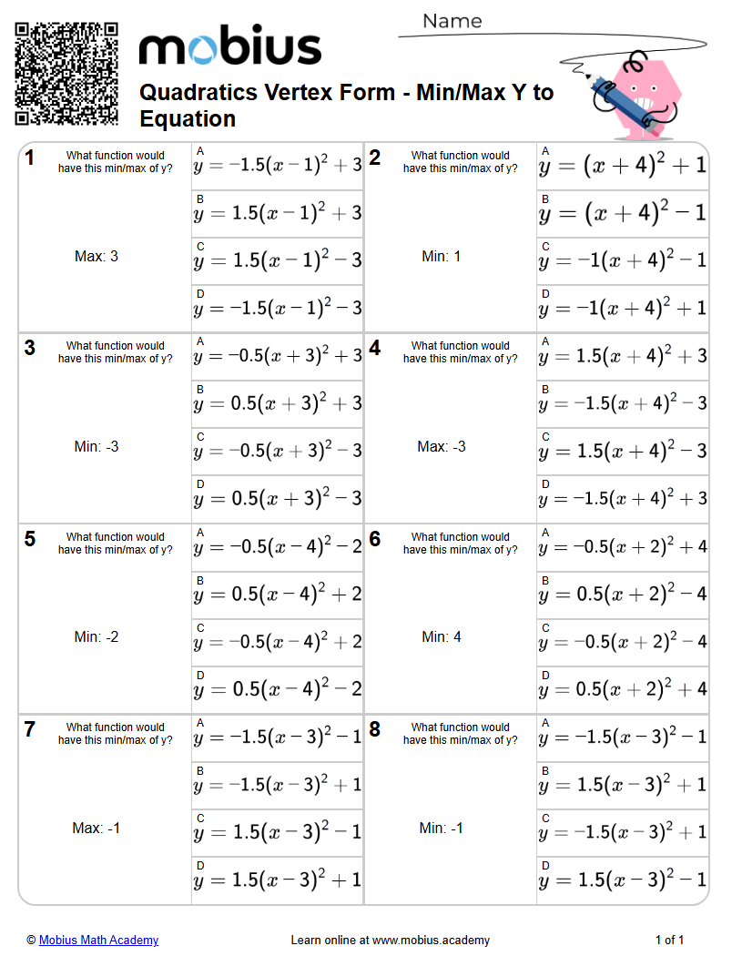 Quadratics Vertex Form - Min/Max Y to Equation (Level 1) - Mobius Math ...