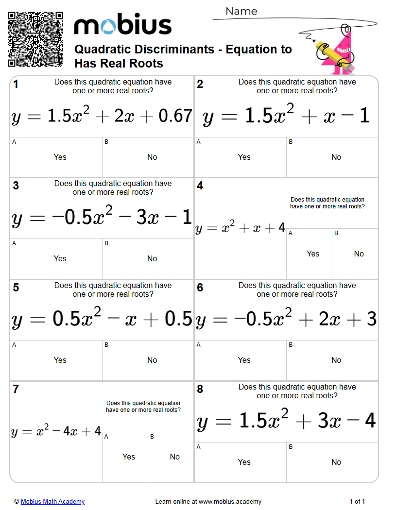Quadratic Discriminants - Equation to Has Real Roots (Level 1) - Mobius ...