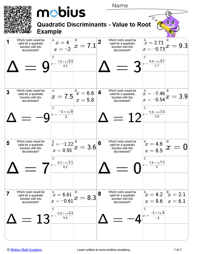 Quadratic Discriminants - Value to Root Example (Level 1) - Mobius Math ...