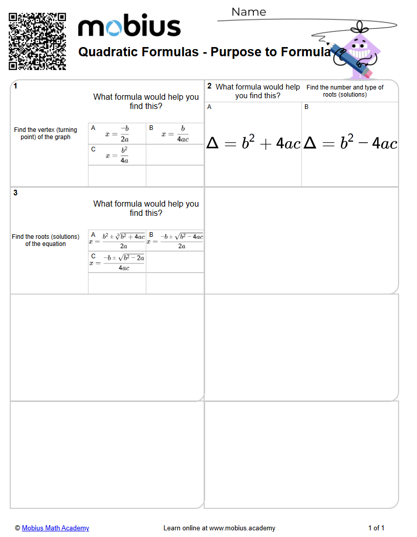 Quadratic Formulas - Purpose to Formula (Level 2) - Mobius Math Academy