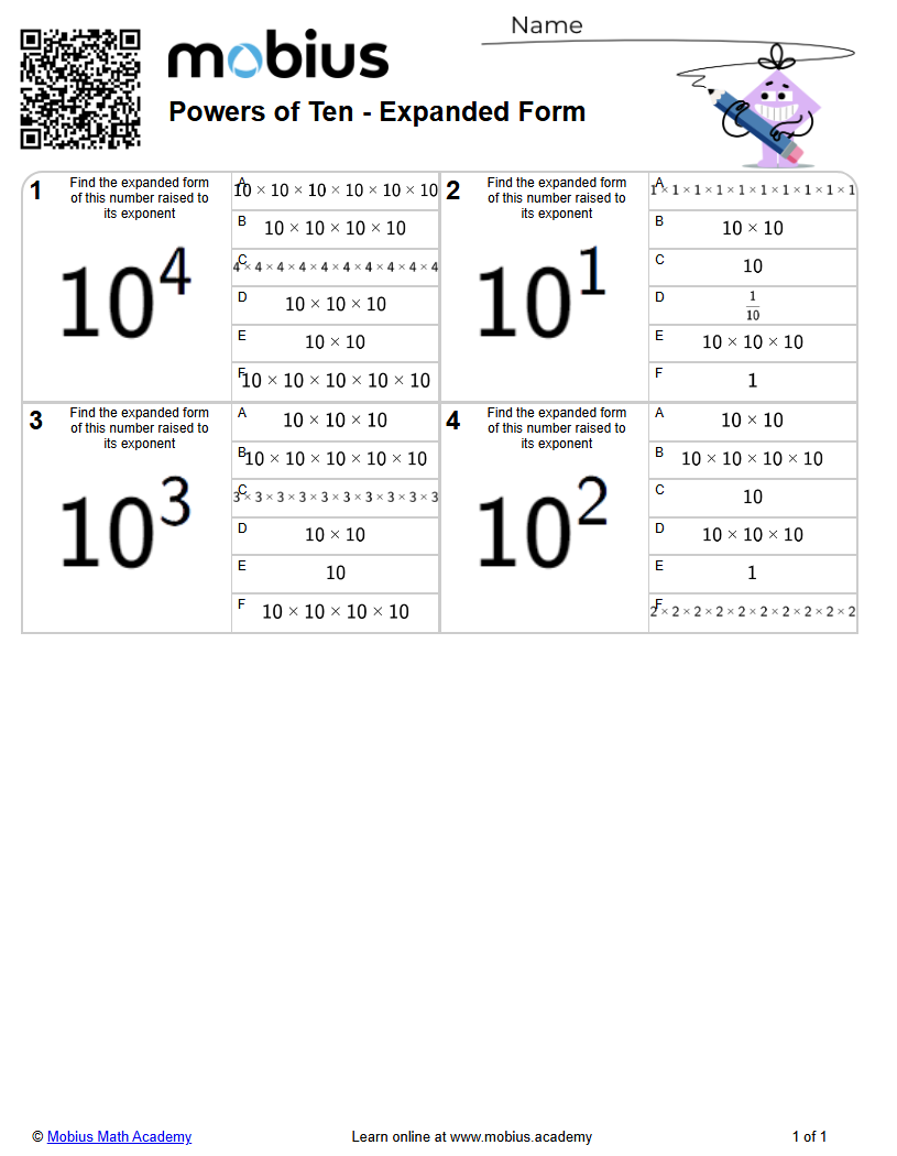 Powers of Ten - Expanded Form (Level 1) - Mobius Math Academy