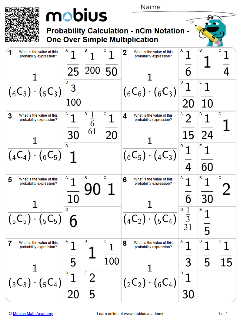 Probability Calculation - nCm Notation - One Over Simple Multiplication ...