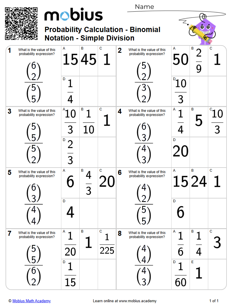 Probability Calculation - Binomial Notation - Simple Division (Level 1 ...