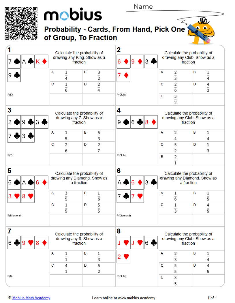 Probability - Cards, From Hand, Pick One of Group, To Fraction (Level 1 ...