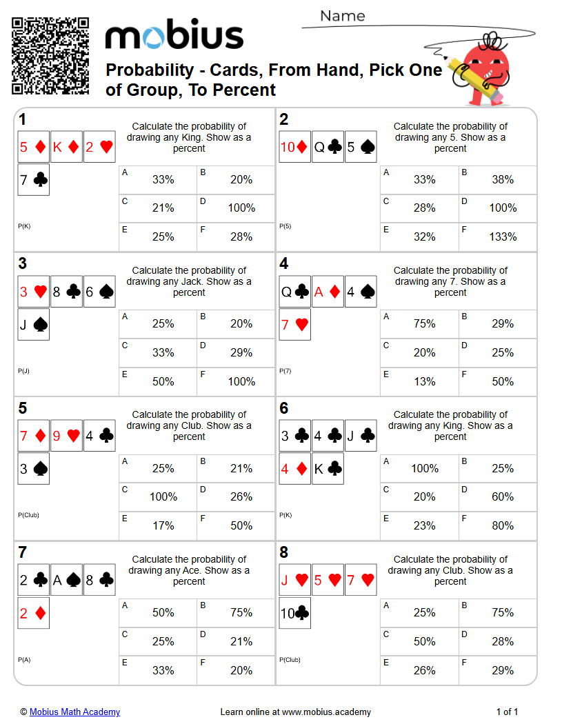 Probability - Cards, From Hand, Pick One of Group, To Percent (Level 1 ...