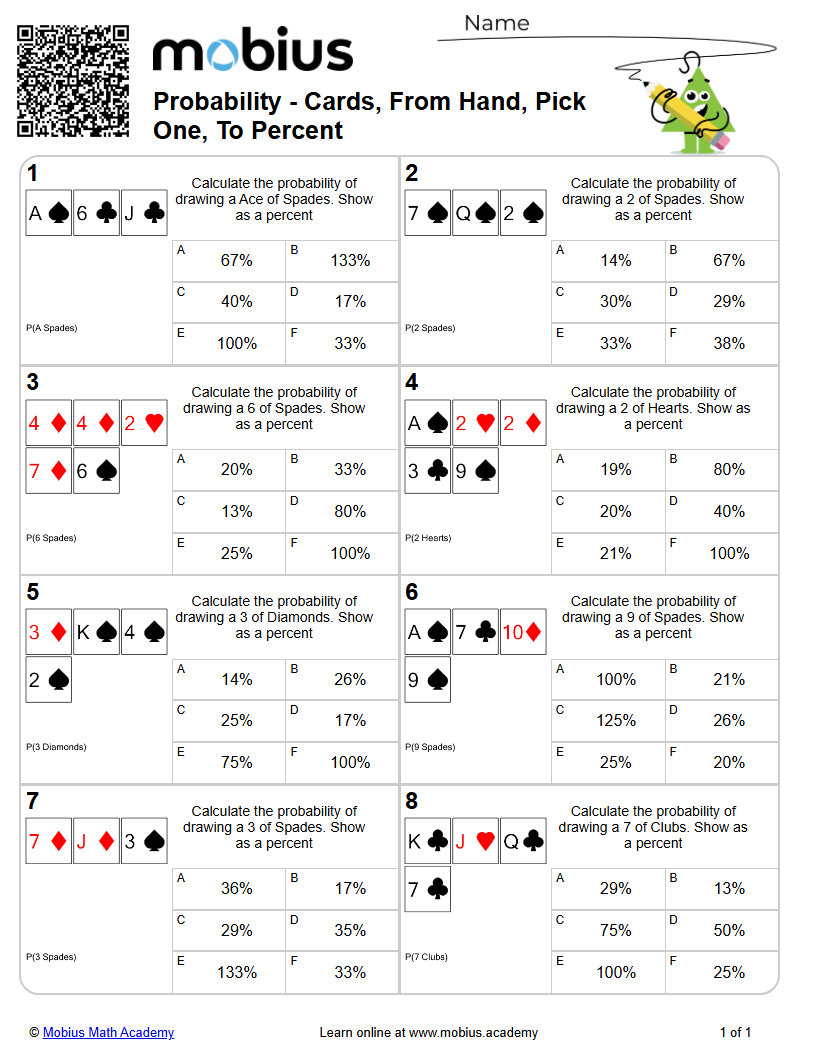 Probability - Cards, From Hand, Pick One, To Percent (Level 1) - Mobius ...