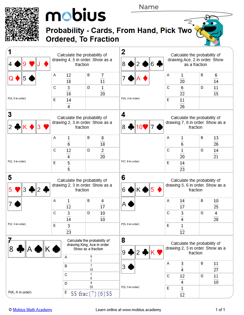 Probability - Cards, From Hand, Pick Two Ordered, To Fraction (Level 1 ...