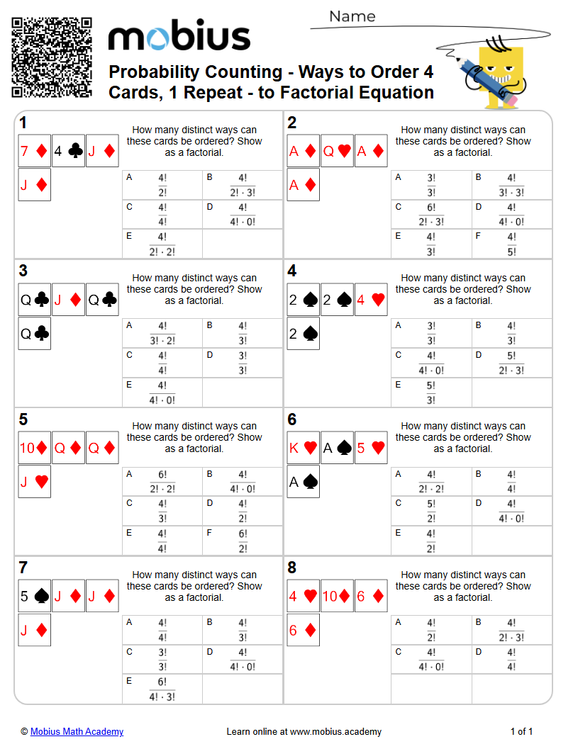 Probability Counting | Ways to Order 4 Cards, 1 Repeat - to Factorial ...