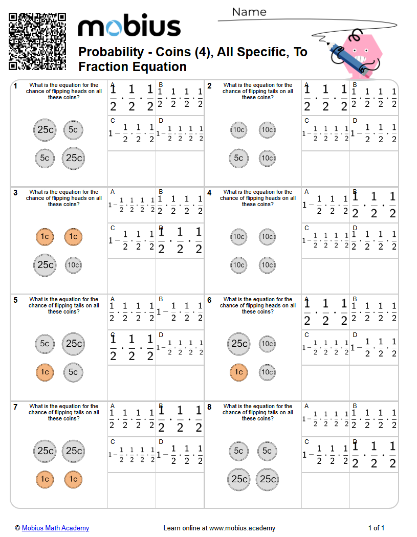 Probability - Coins (4), All Specific, To Fraction Equation (Level 1 ...