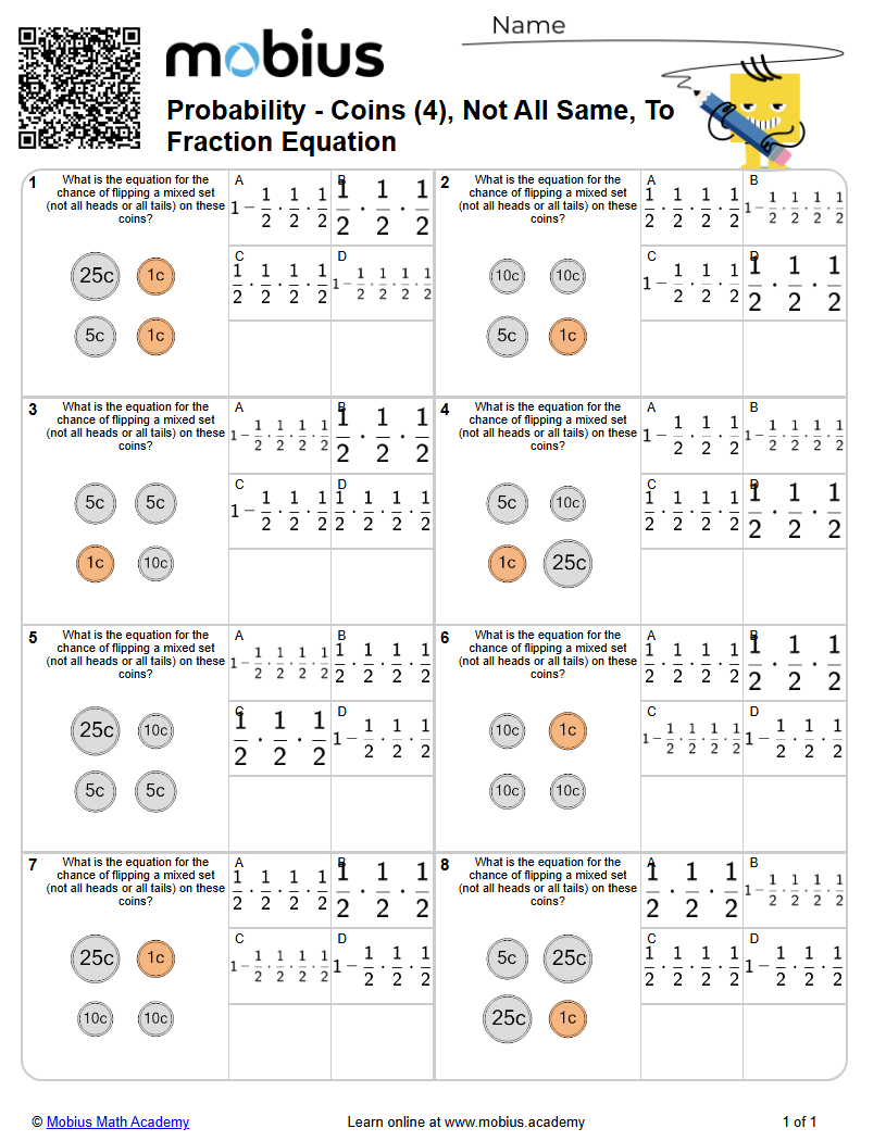 Probability | Coins (4), Not All Same, To Fraction Equation (Level 1 ...