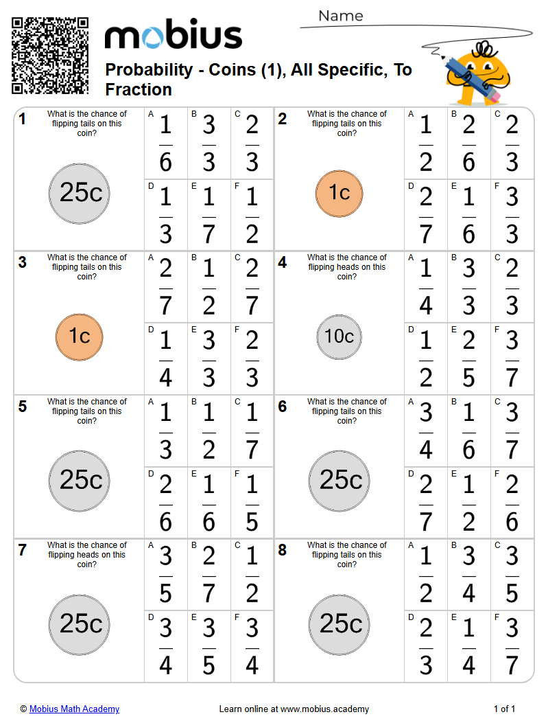 Probability - Coins (1), All Specific, To Fraction (Level 1) - Mobius ...