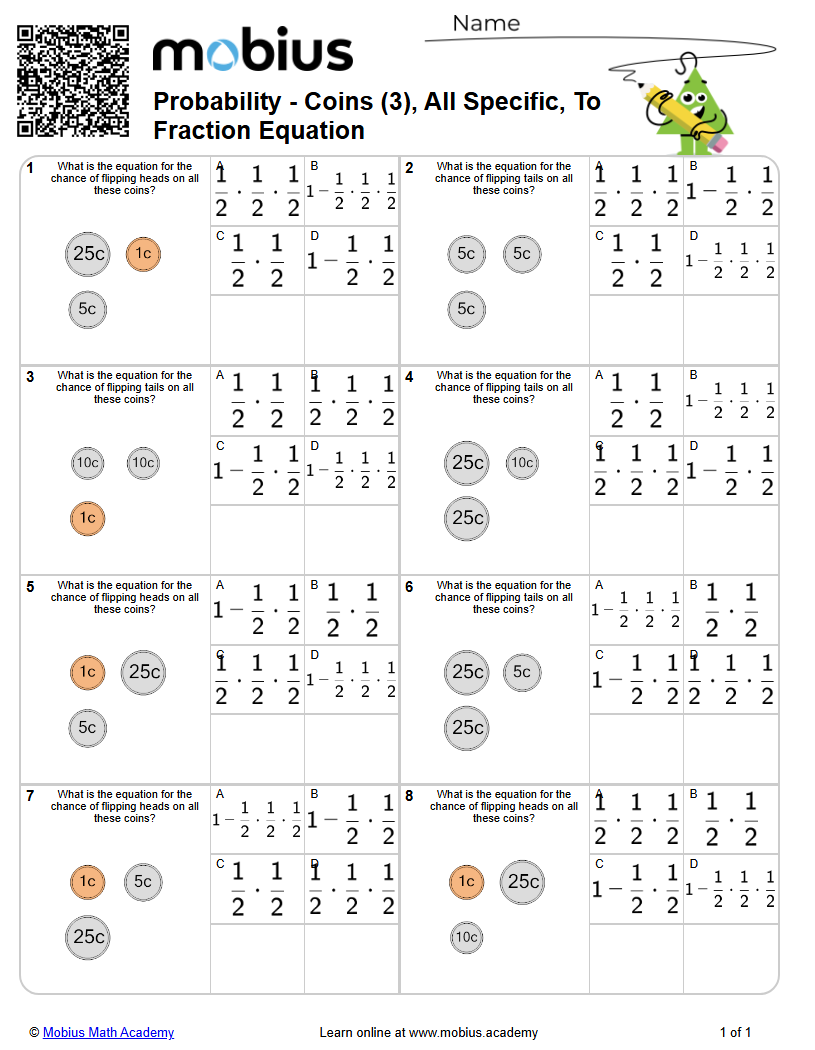 Probability - Coins (3), All Specific, To Fraction Equation (Level 1 ...