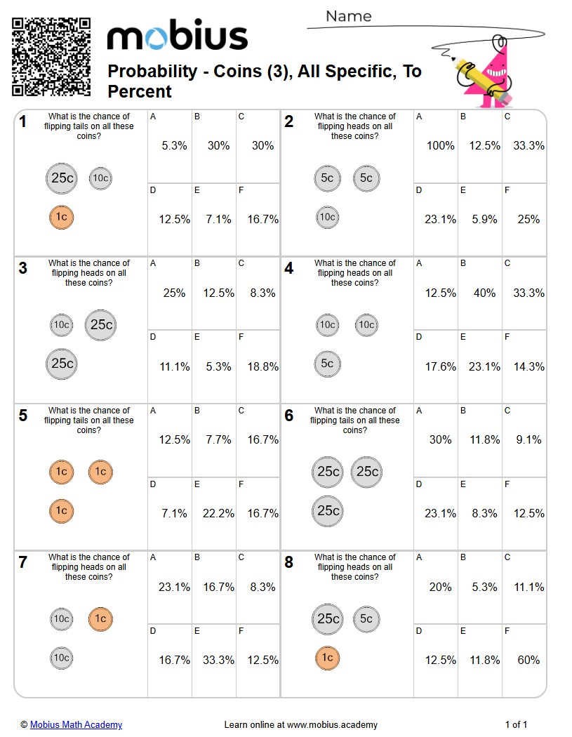 Probability - Coins (3), All Specific, To Percent (Level 1) - Mobius ...