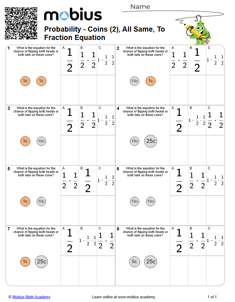 Probability - Coins (2), All Same, To Fraction Equation (Level 1 ...