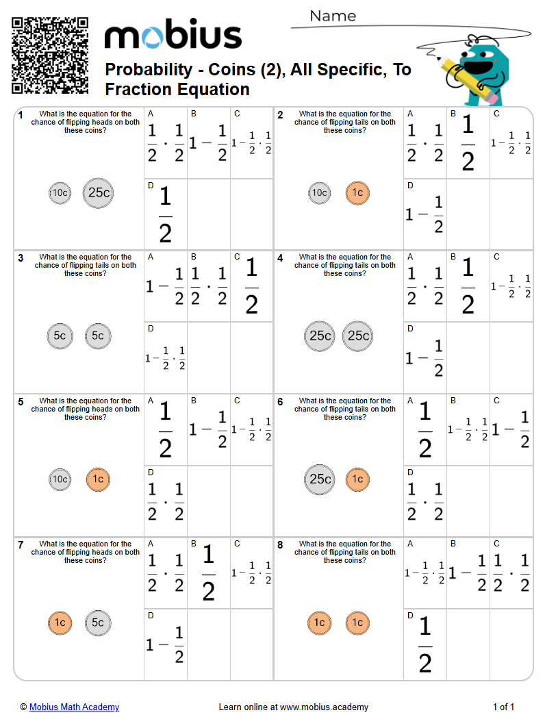 Probability - Coins (2), All Specific, To Fraction Equation (Level 1 ...