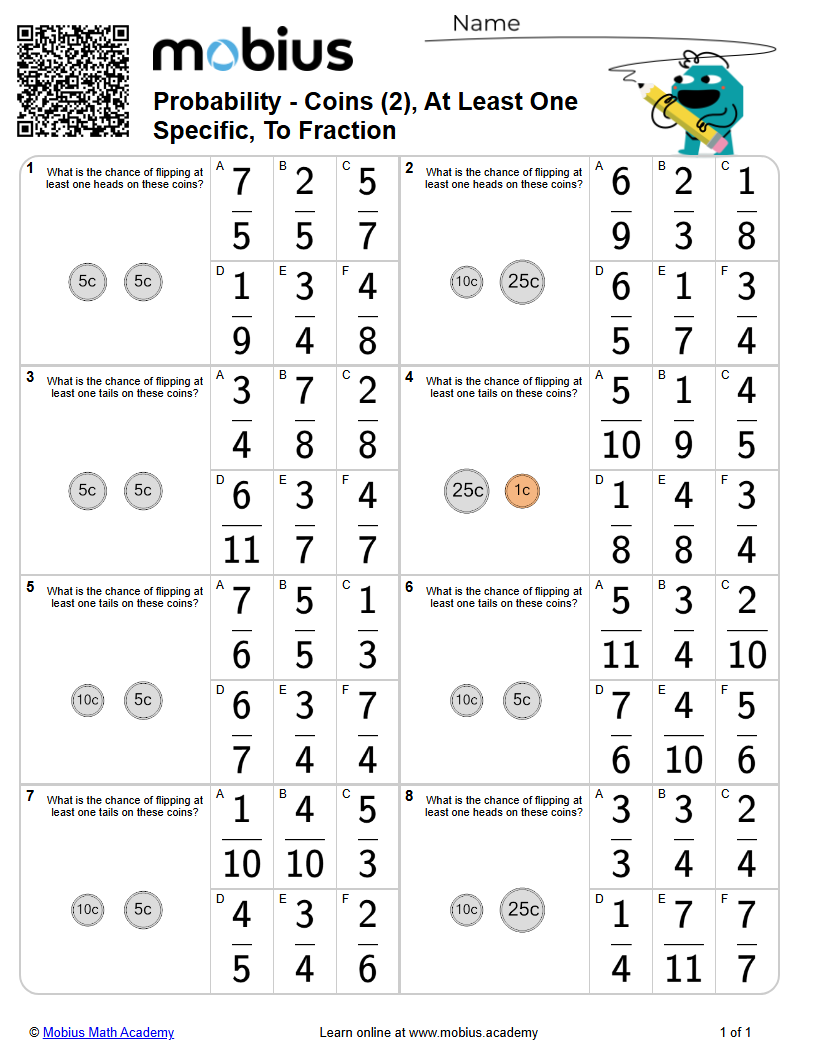 Probability | Coins (2), At Least One Specific, To Fraction (Level 1 ...
