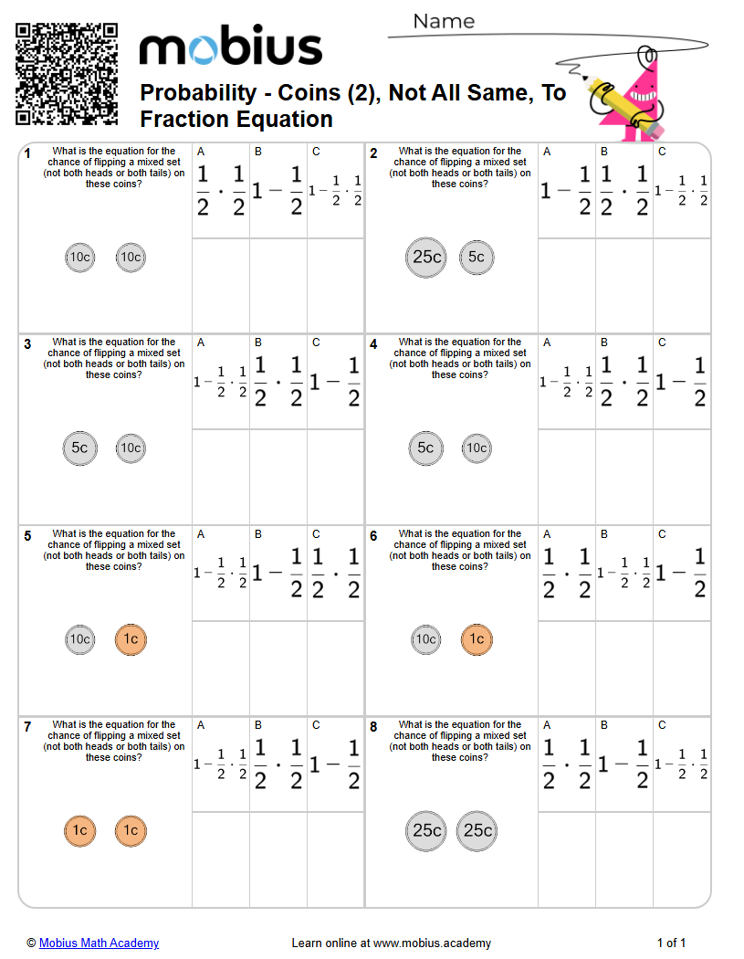 Probability - Coins (2), Not All Same, To Fraction Equation (Level 1 ...