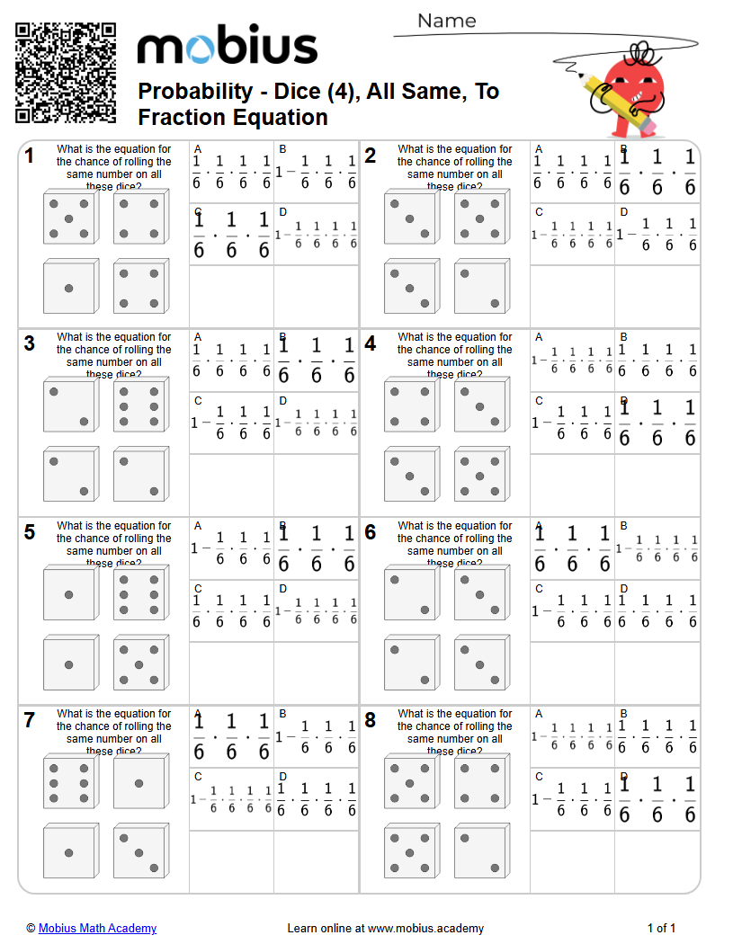 Probability - Dice (4), All Same, To Fraction Equation (Level 1 ...