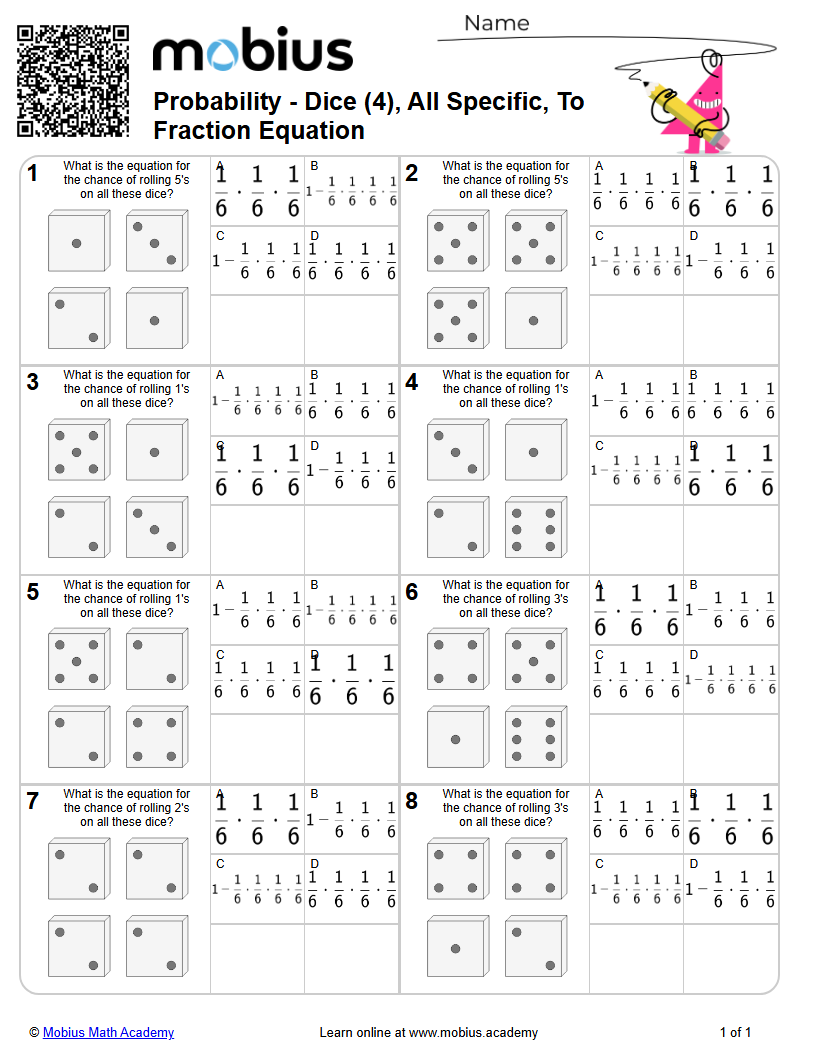 Probability - Dice (4), All Specific, To Fraction Equation (Level 1 ...