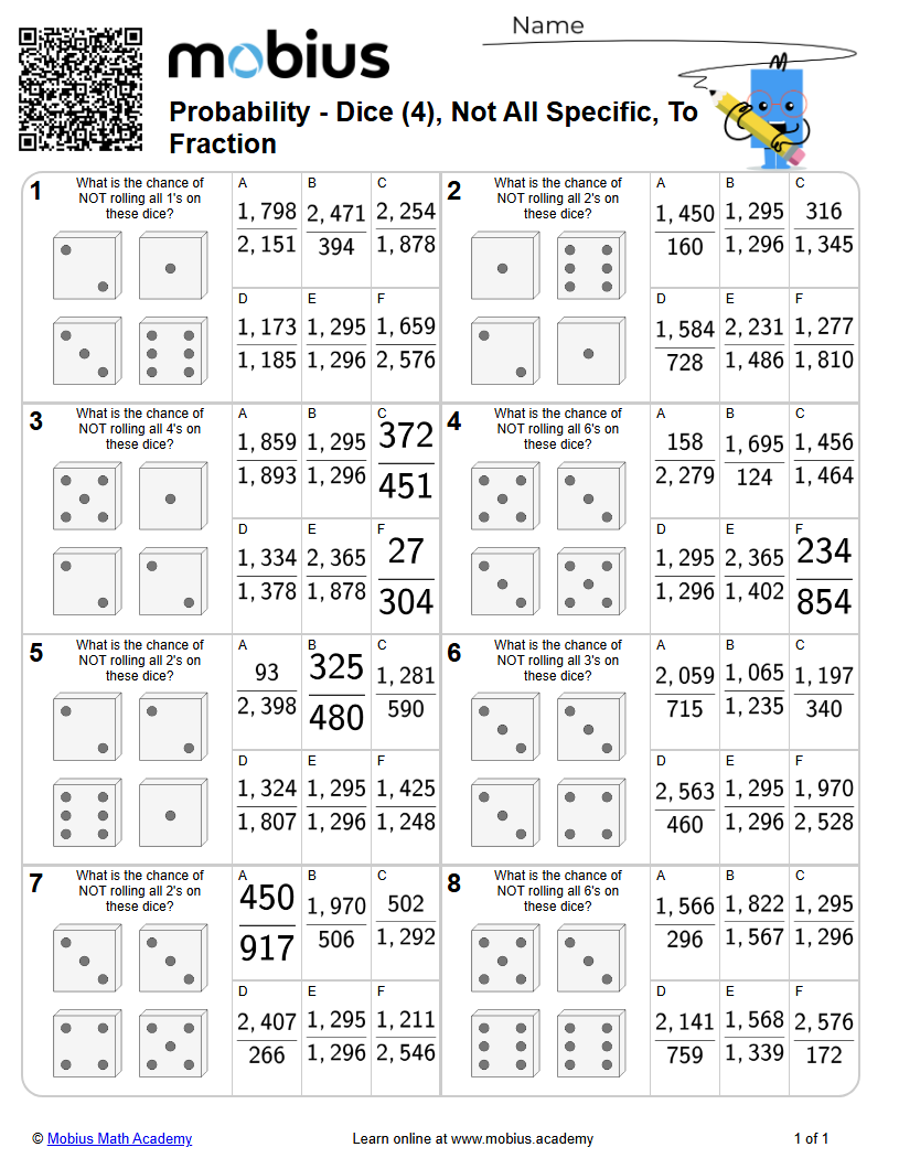 Probability - Dice (4), Not All Specific, To Fraction (Level 1 ...