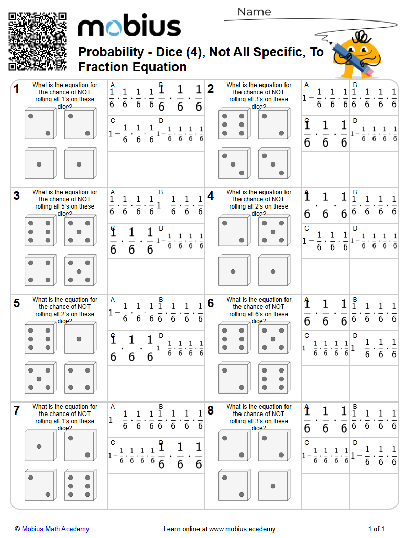 Probability - Dice (4), Not All Specific, To Fraction Equation (Level 1 ...
