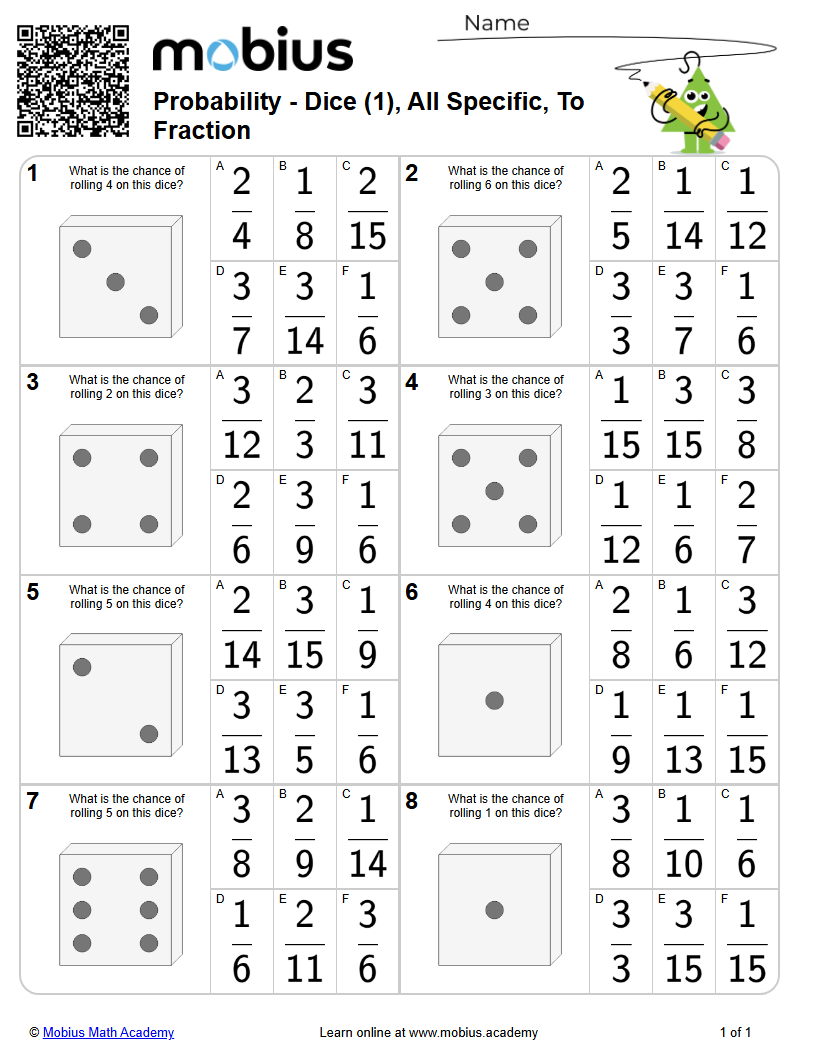 Probability - Dice (1), All Specific, To Fraction (Level 1) - Mobius ...