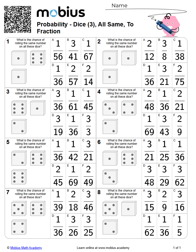 Dice (3), All Same, To Fraction (Level 1) | Probability | Grade 9 Math ...