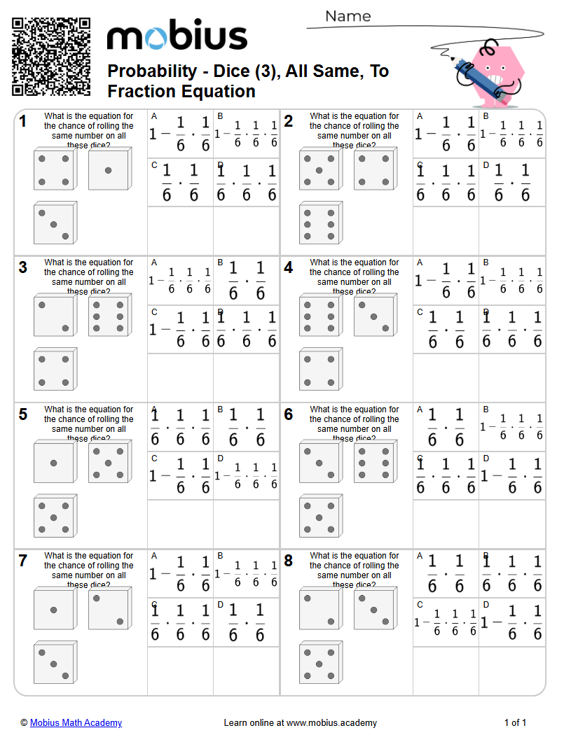 Probability - Dice (3), All Same, To Fraction Equation (Level 1 ...
