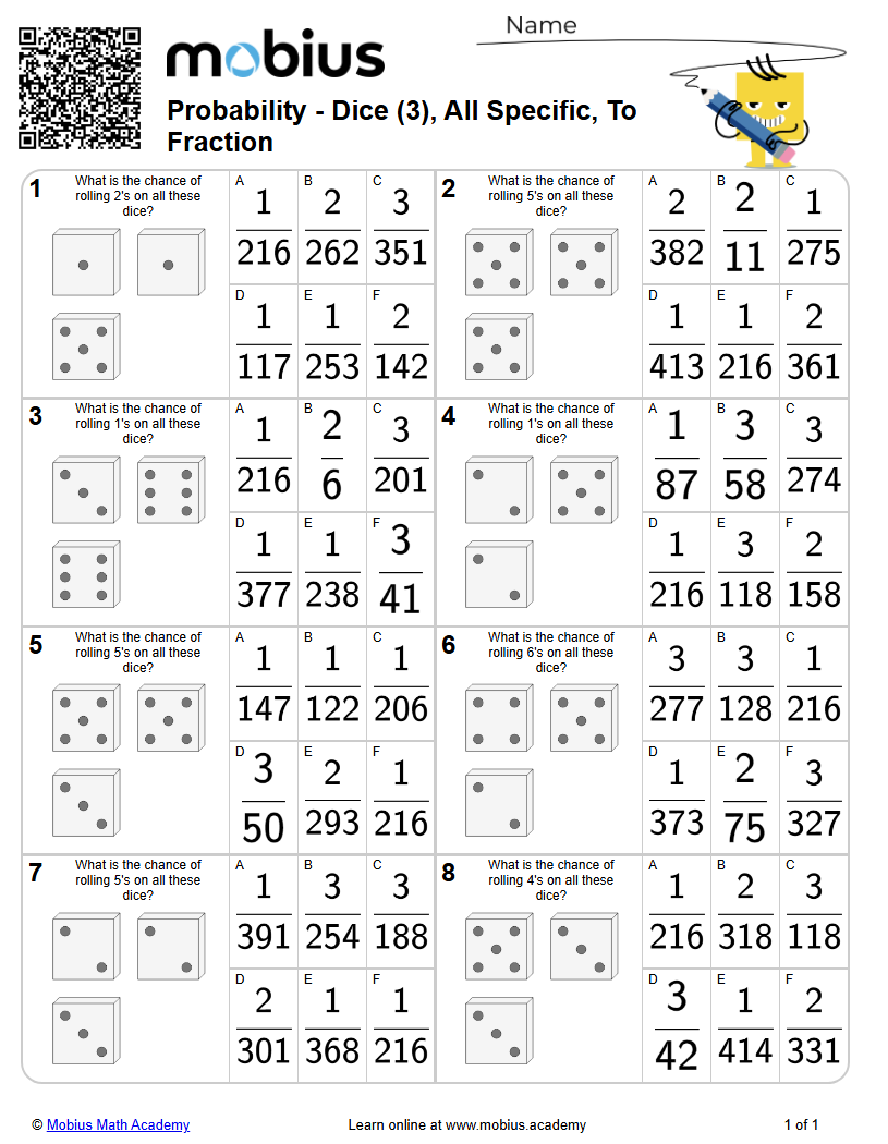 Dice (3), All Specific, To Fraction (Level 1) | Probability | Grade 9 ...