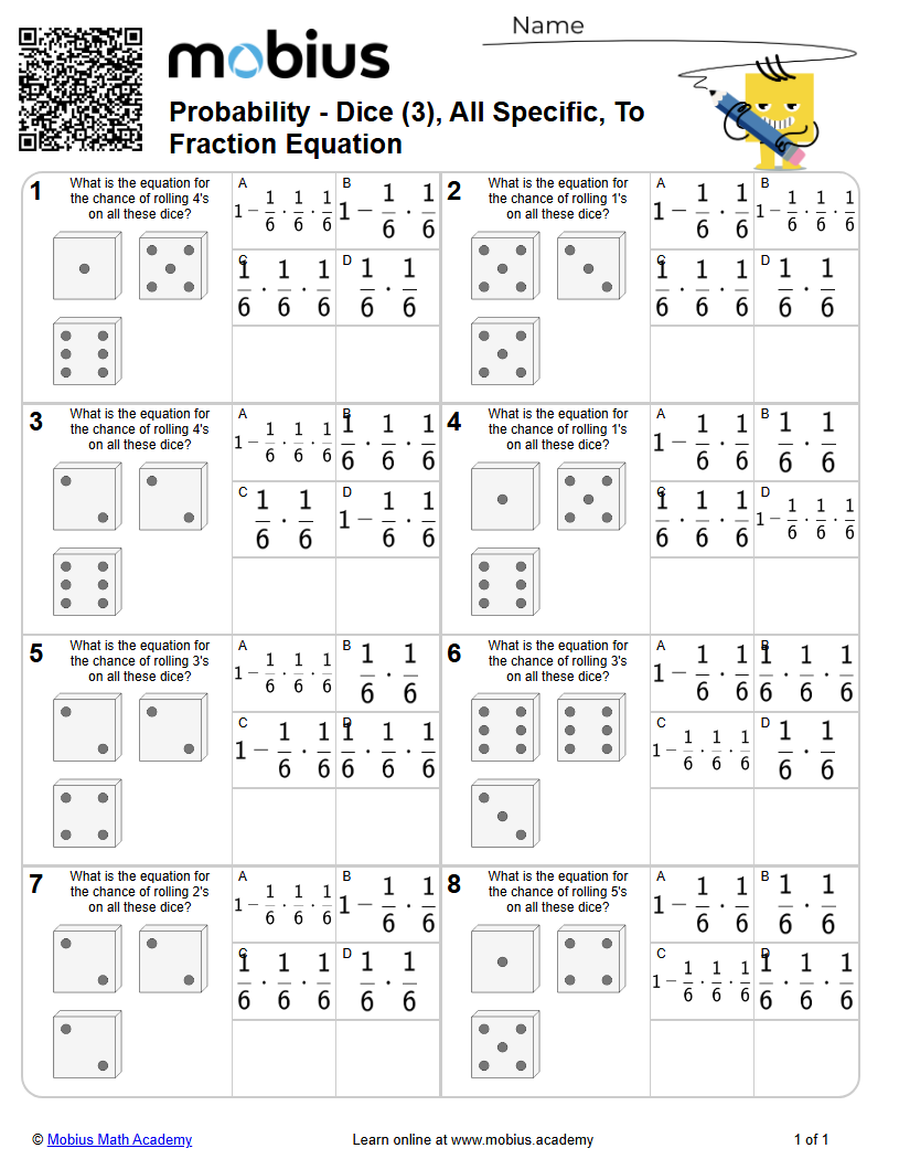 Probability - Dice (3), All Specific, To Fraction Equation (Level 1 ...