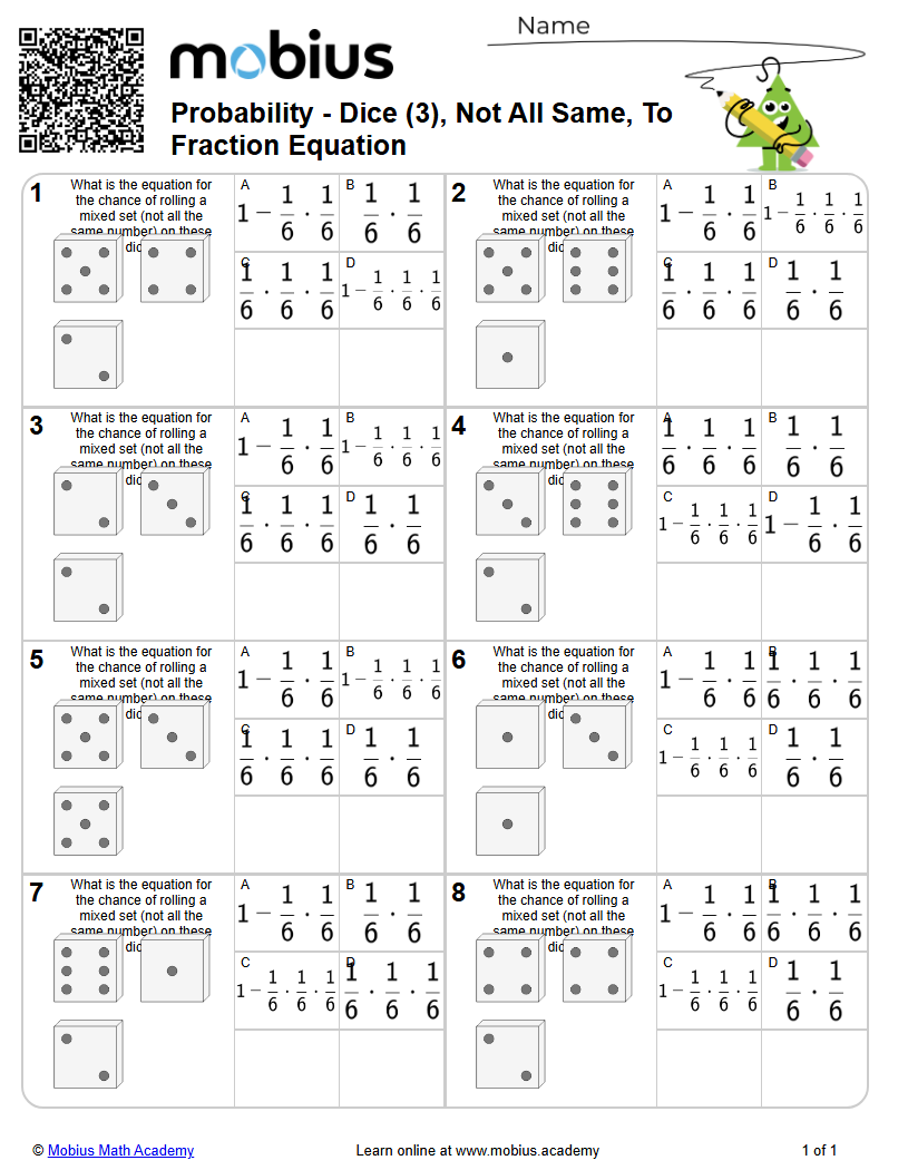 Probability - Dice (3), Not All Same, To Fraction Equation (Level 1 ...