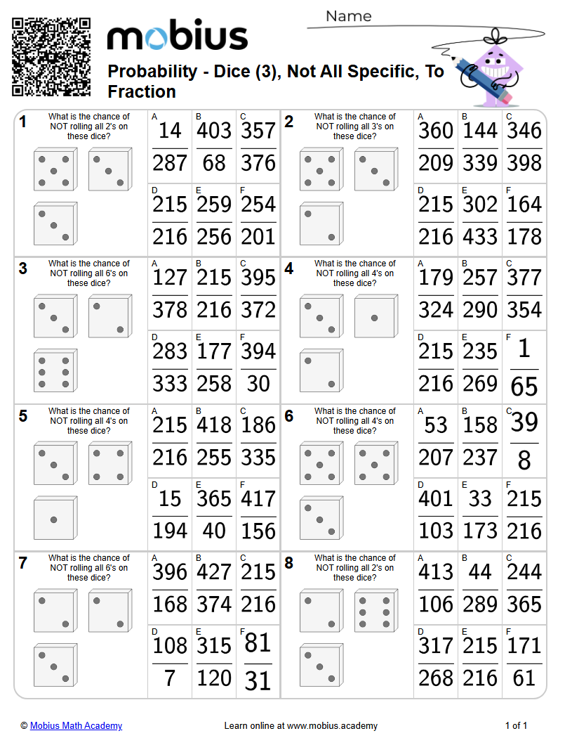 Probability - Dice (3), Not All Specific, To Fraction (Level 1 ...