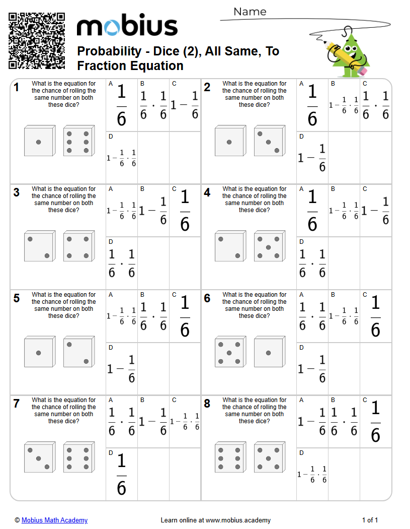 Probability - Dice (2), All Same, To Fraction Equation (Level 1 ...