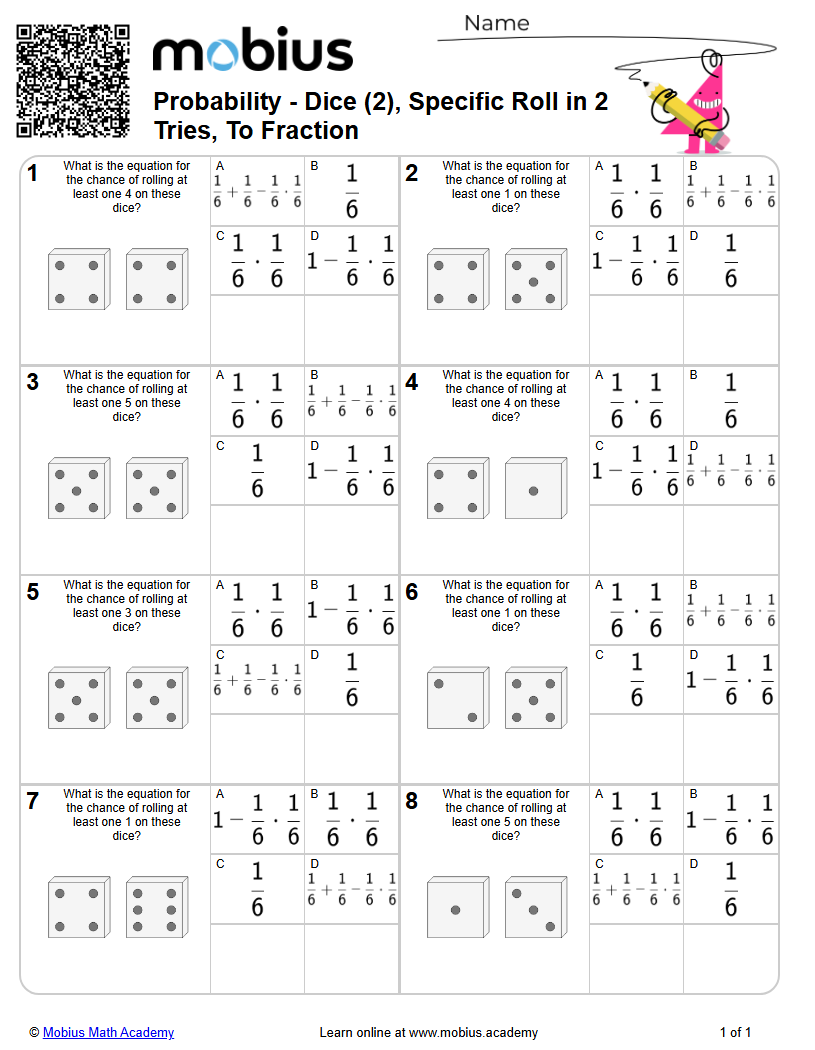 Probability | Dice (2), Specific Roll in 2 Tries, To Fraction (Level 1 ...